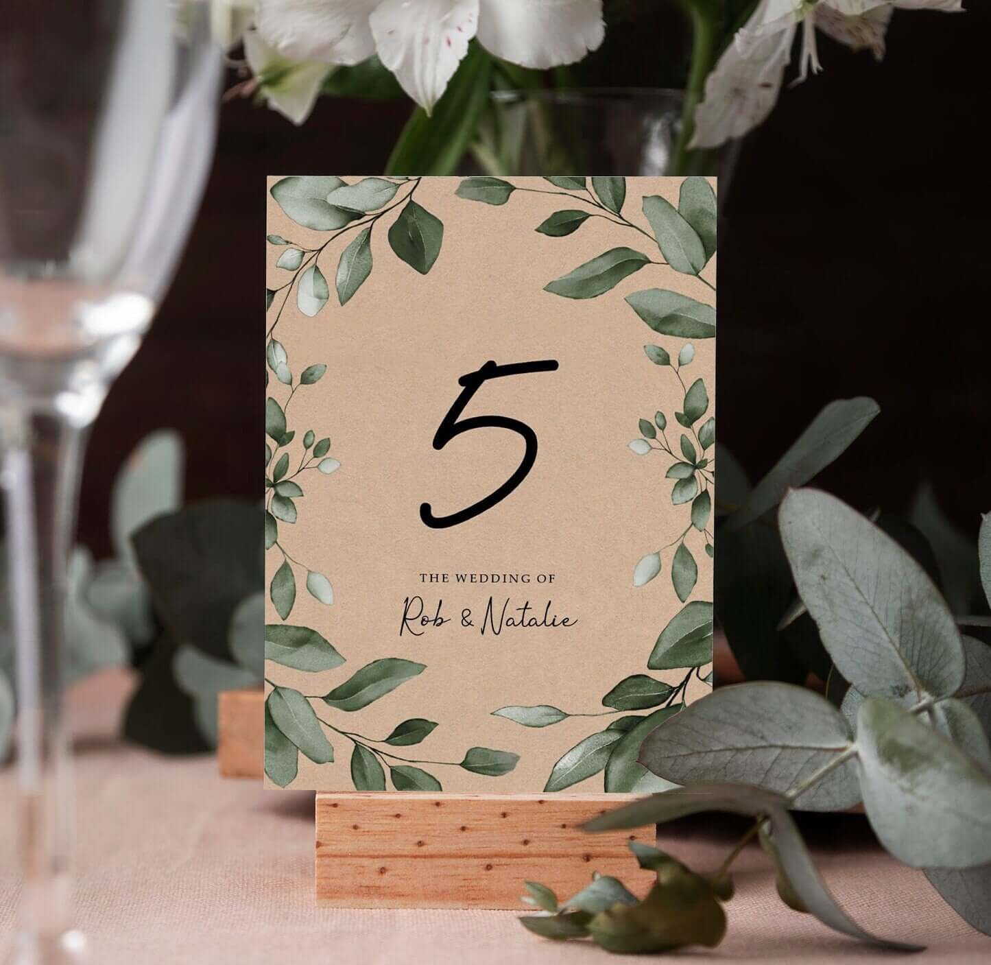 Eucalyptus Kraft Greenery Table numbers or Table Names – Sienna Mai
