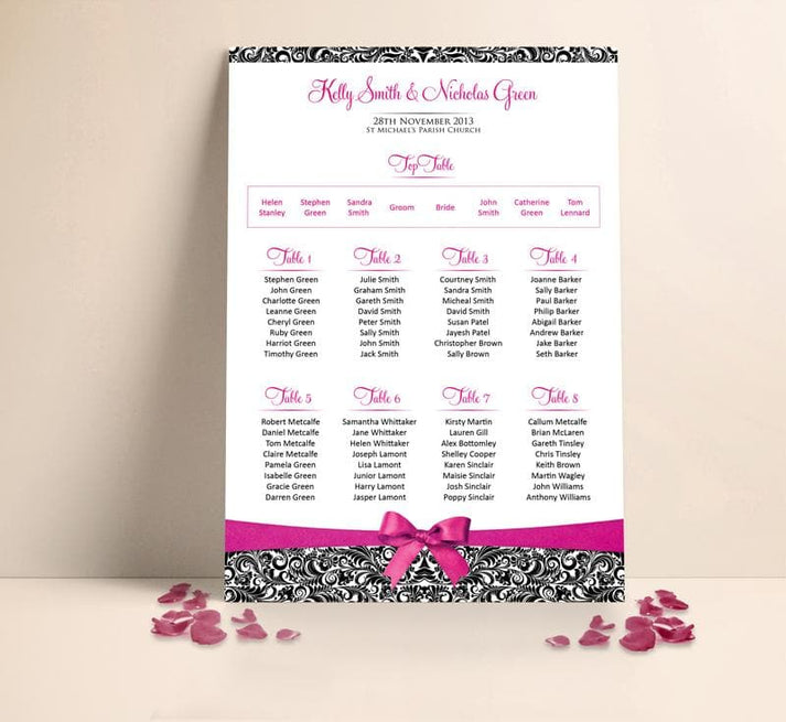 Pink Bow Damask Table plan Seating Chart Sign – Sienna Mai