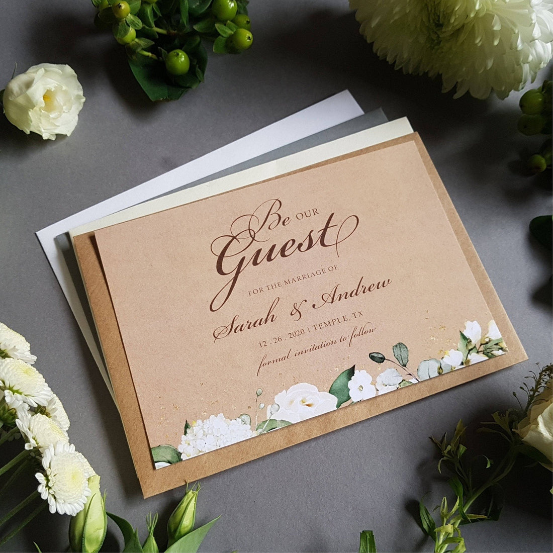 Rustic Kraft Be our guest white floral save the date cards – Sienna Mai