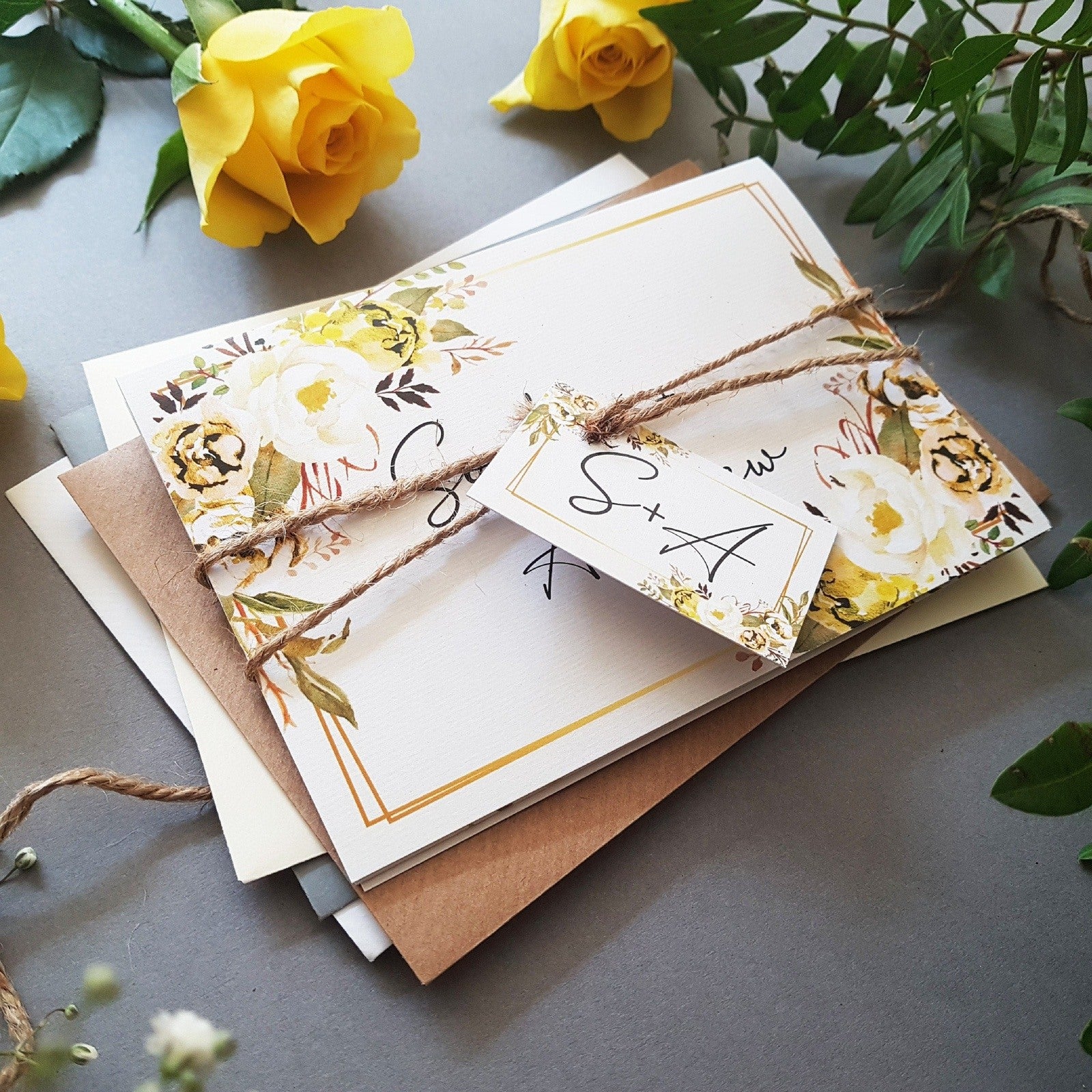 Spring Yellow Gold Floral Concertina Wedding Invitations – Sienna Mai