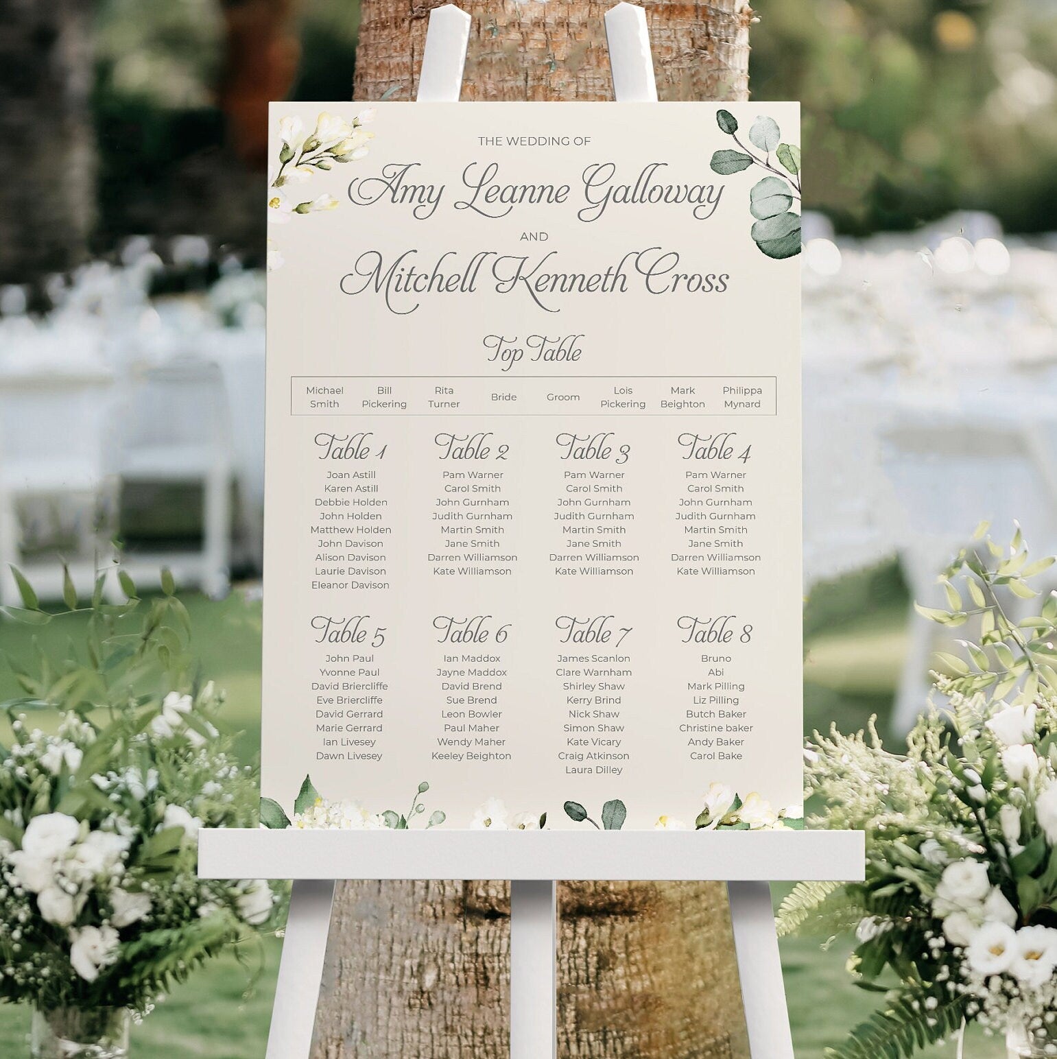 White Floral Seating Chart Table Plan Sign with Greenery – Sienna Mai